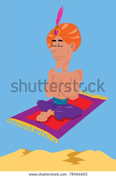 Cartoon Genie Flying On Carpet Desert Stok Vektör (Telifsiz) 78466603