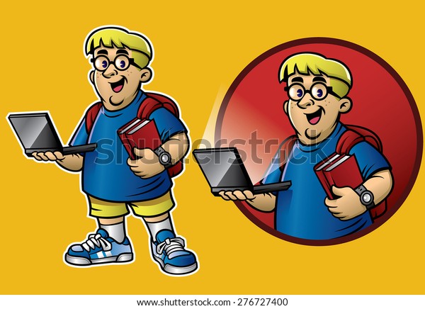 Cartoon Genius Boy Bring Laptop Books Stock Vector (Royalty Free ...