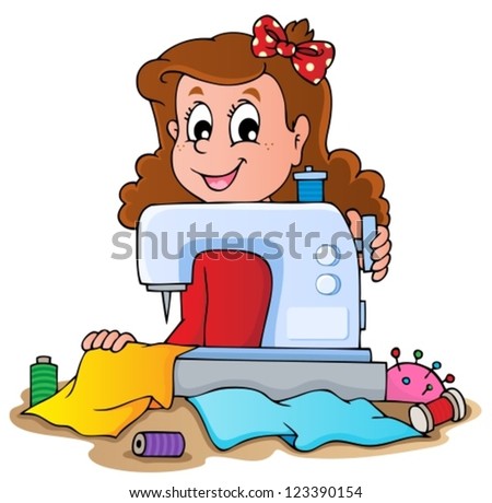 Cartoon Girl Sewing Machine Vector Illustration เวกเตอร์สต็อก (ปลอดค่า ...