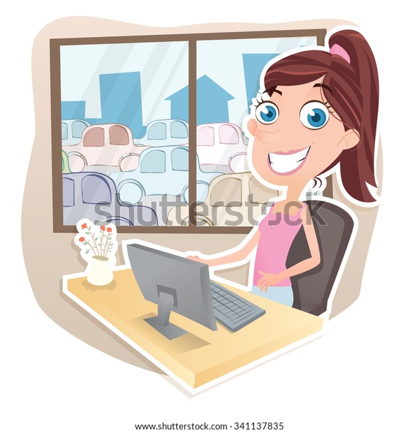 Cartoon Girl Working Computer Her Home Stock Vector (Royalty Free ...