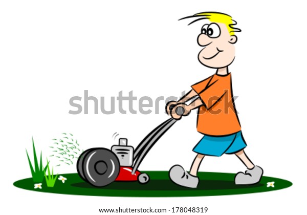 Cartoon Guy Cutting Grass Lawn Mower เวกเตอร์สต็อก (ปลอดค่าลิขสิทธิ์ ...