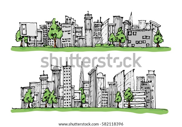 Cartoon Hand Drawing City Trees Color Stock Vector (Royalty Free) 582118396