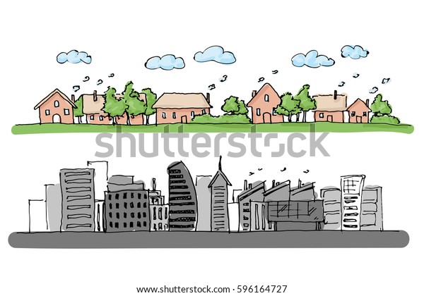 Cartoon Hand Drawing Small Town Rural เวกเตอร์สต็อก (ปลอดค่าลิขสิทธิ์ ...