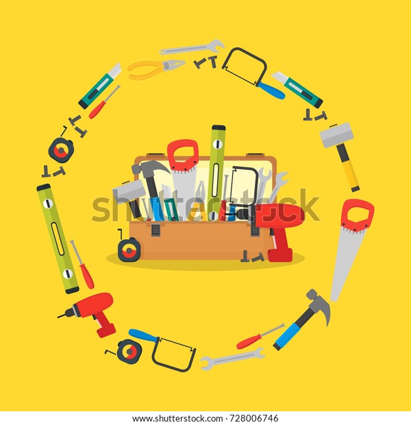 Cartoon Hand Tools Box Equipment Card Stock Vector (Royalty Free ...