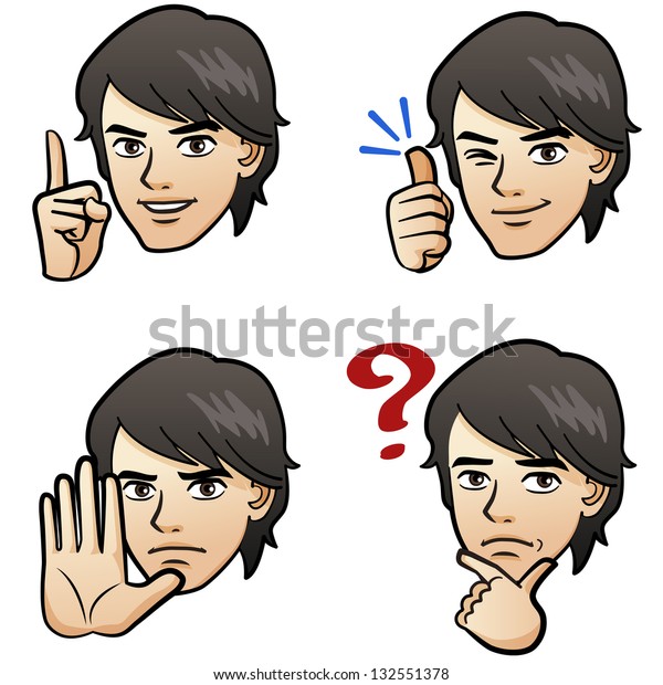 Cartoon Handsome man expressing different emotion with hand signs on ...