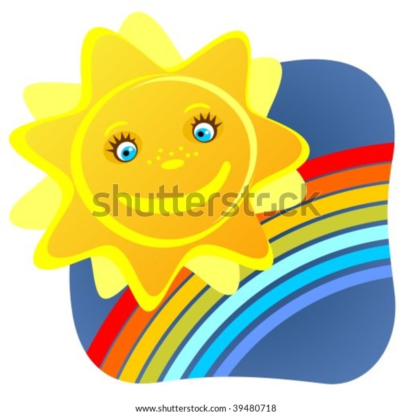 Cartoon Happy Sun Rainbow On Blue Stock Vector (Royalty Free) 39480718 ...