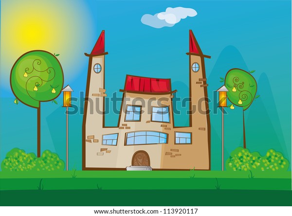 Cartoon House Green Courtyard Stock Vector (Royalty Free) 113920117 ...