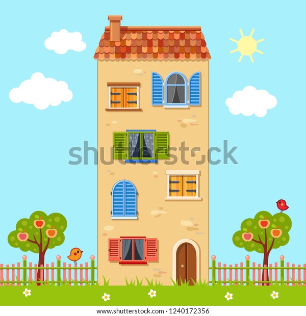 Cartoon House Lots Different Windows Fence Stock Vector (Royalty Free ...
