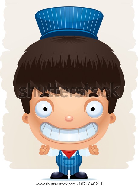 Cartoon Illustration Boy Train Conductor Smiling 스톡 벡터(로열티 프리 ...
