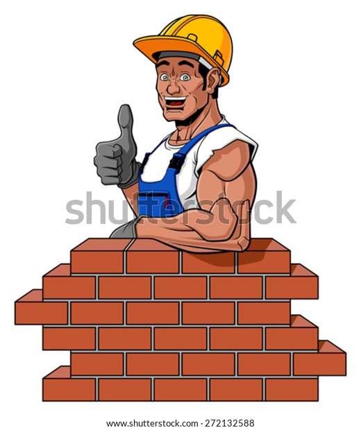 Cartoon Illustration Friendly Bricklayer He Leaning Stock Vector ...