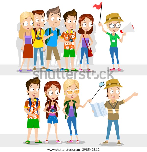 Dibujo de caricatura de turistas haciendo excursiones con guía