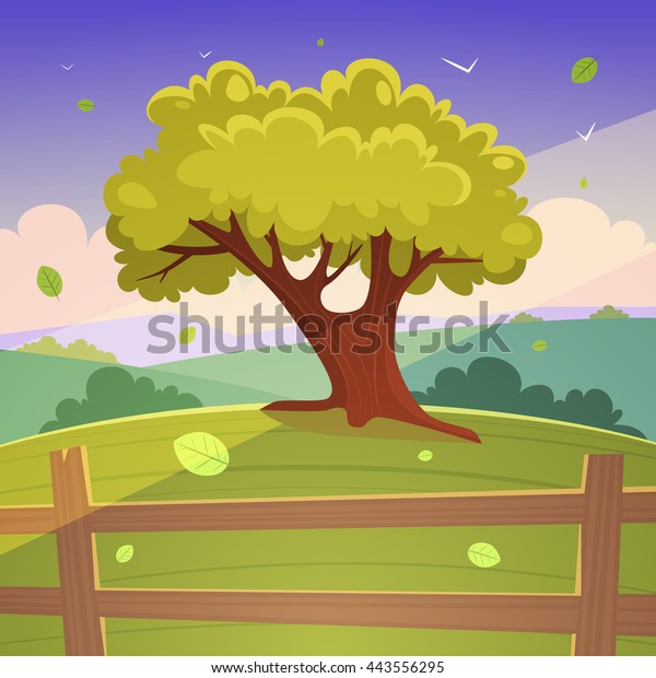 Cartoon Illustration Tree On Hill Wooden Stock Vector (Royalty Free ...