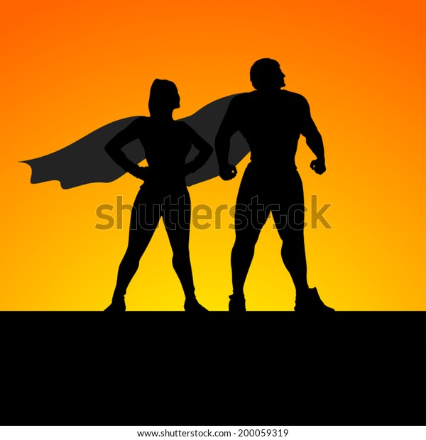cartoon illustration of two super heroes standing silhouettes