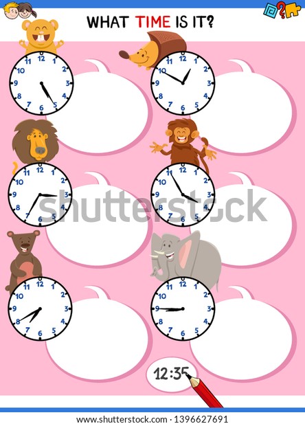 Cartoon Illustrations Telling Time Educational Activity Stock Vector ...