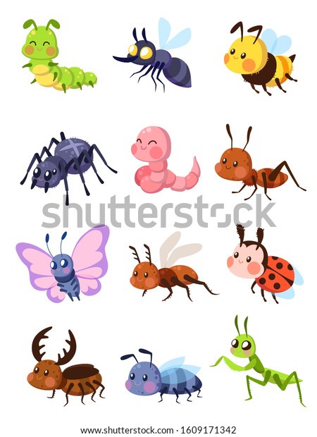 Cartoon Insects Cute Grasshopper Ladybug Caterpillar Stock Vector ...