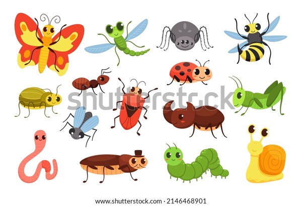 Cartoon Insects Happy Bugs Cute Little Stock Vector (Royalty Free ...
