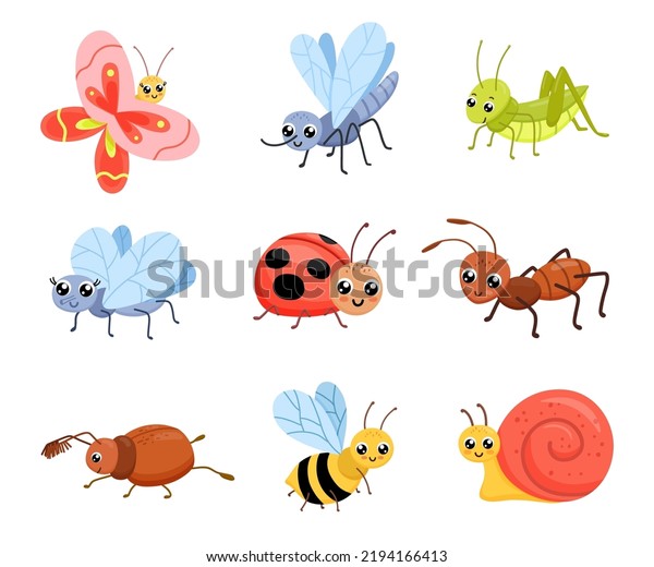 Cartoon Insects Set Cute Ant Grasshopper: เวกเตอร์สต็อก (ปลอดค่า ...