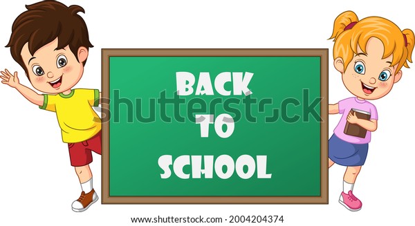 Cartoon Kids Back School Standing Behind Stock Vector (Royalty Free ...