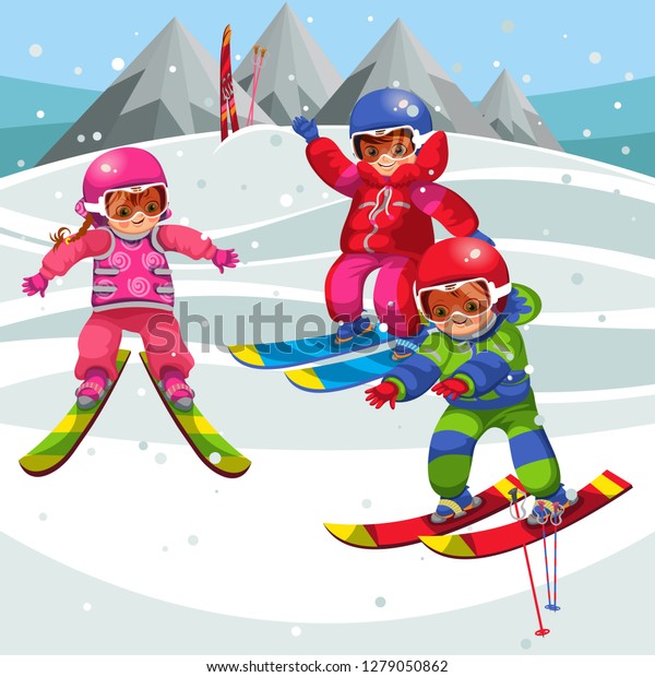 Cartoon Kids Having Fun On Skis Stock Vector (Royalty Free) 1279050862 ...
