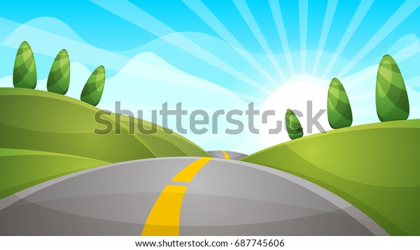 Cartoon Landscape Illustration Sun Road Cloud Stock Vector (Royalty ...
