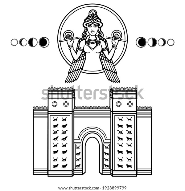 Cartoon Linear Drawing Ishtar Gate Ancient Stock Vector (Royalty Free ...