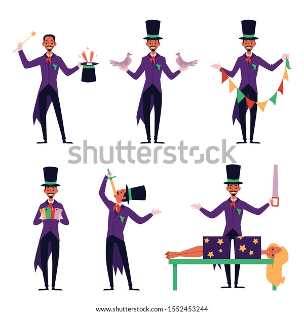 Cartoon Magician Performing Different Magic Tricks Stock Vector ...