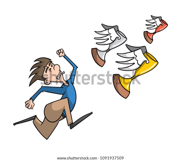 Cartoon Man Chasing Some Flying Trophies Stock Vector (Royalty Free ...
