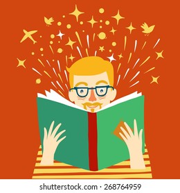 Cartoon Man Glasses Reading Big Book Stock Vector (Royalty Free ...
