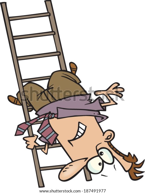 cartoon man hanging upside down from a ladder