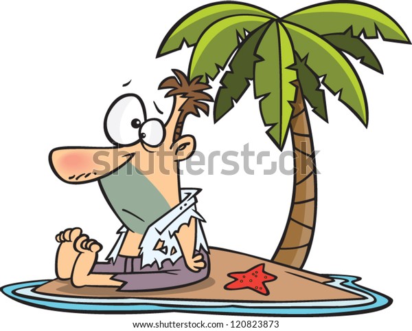 Cartoon Man Stranded On Deserted Island: เวกเตอร์สต็อก (ปลอดค่า ...