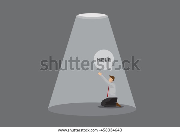 Cartoon man trapped below manhole kneeling on knees and praying for ...