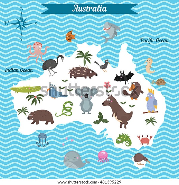 Cartoon map of Australia continent with different animals. Colorful ... Cartoon map of Australia continent with different animals. Colorful ...