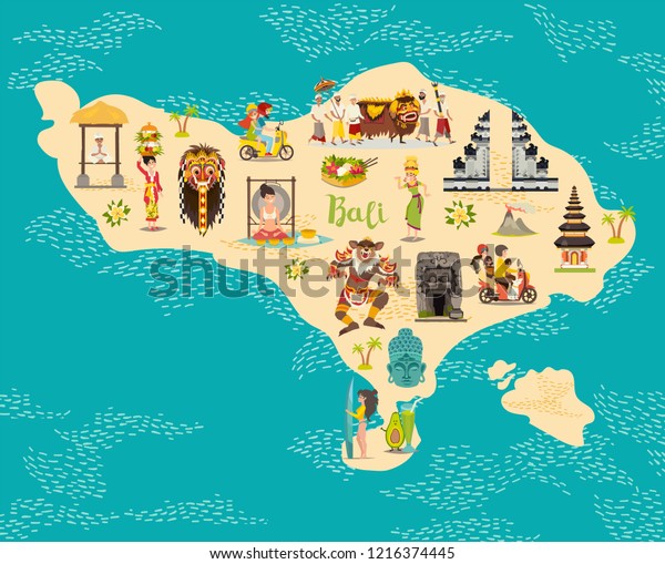 Cartoon map of Bali for kid and children. Bali landmarks vector cute ...