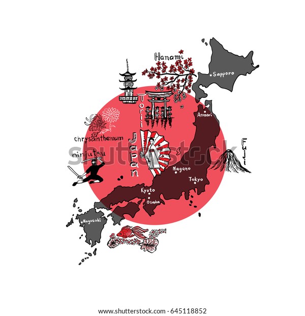 Cartoon Map Japan Drawn By Hand 스톡 벡터(로열티 프리) 645118852 | Shutterstock
