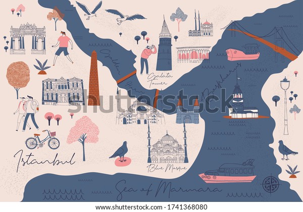 Cartoon Map Legend Icons Print Stok Vektör (Telifsiz) 1741368080