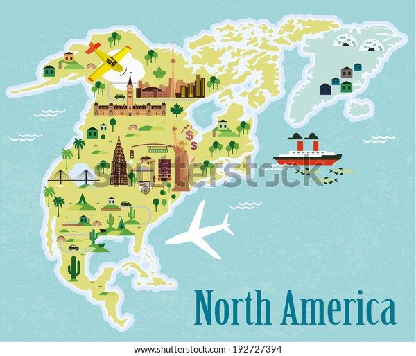 Cartoon Map North America เวกเตอร์สต็อก (ปลอดค่าลิขสิทธิ์) 192727394