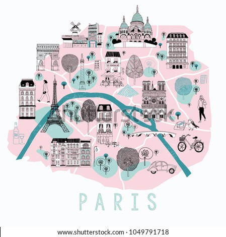 Vetor stock de Cartoon Map Paris Legend Icons Print (livre de direitos ...