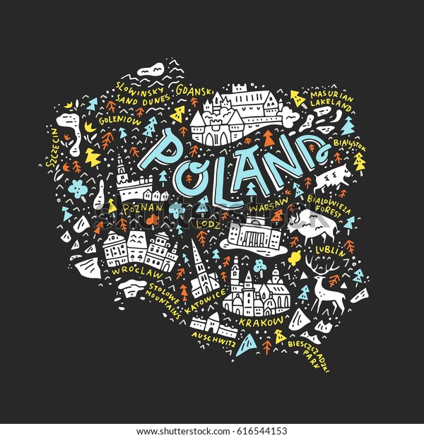 Cartoon Map of Poland. Hand drawn illustration with all main symbols ...
