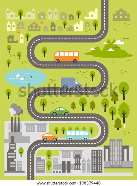 Cartoon Map Small Town Big Stock Vector (Royalty Free) 198579440