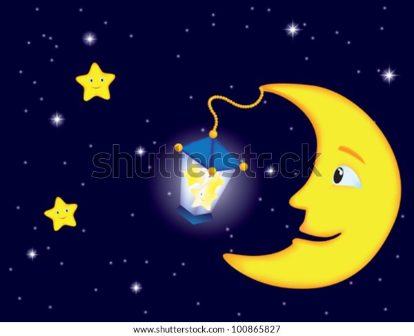Cartoon Moonlit Night Smiling Moon Stars Stock Vector (Royalty Free ...