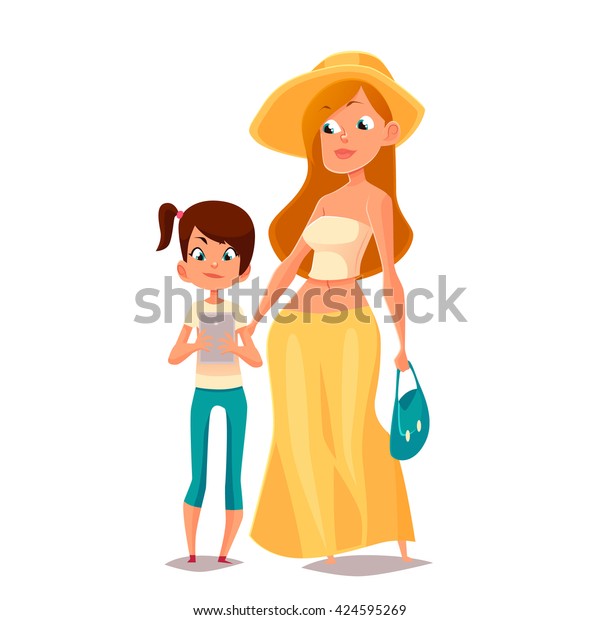 Cartoon Mother Daughter Vector Illustration Comic 库存矢量图(免版税)424595269