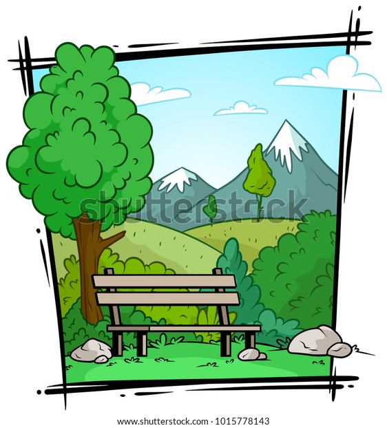 Cartoon Nature Landscape Bench Mountains Green Stock Vector (Royalty ...