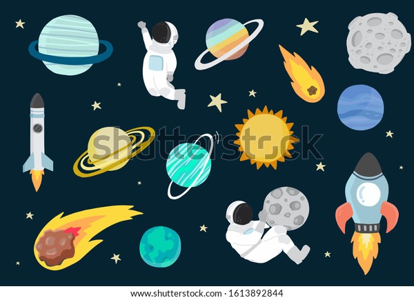 Cartoon Object Space Collection Planetastronautmoonsunvector ...
