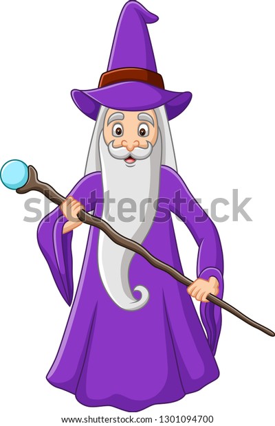 Cartoon Old Wizard Holding Magic Stick: immagine vettoriale stock ...