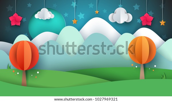 Cartoon Paper Landscape Tree Flower Cloud Stock Vector (Royalty Free ...