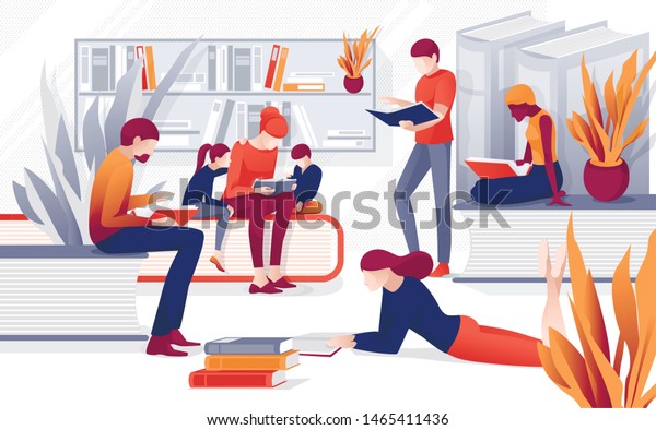 Cartoon People Read Books Vector Illustration. Children Family Reading ...