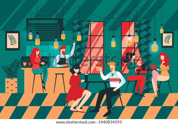 Cartoon People Sit Cafe Table Barista Stock Vector (Royalty Free ...