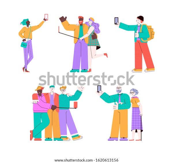 Cartoon People Taking Selfie Isolated Set Stock Vector (Royalty Free ...