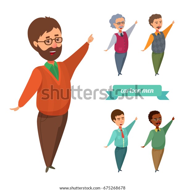 Cartoon people vector illustration set. Man pointing index finger up ...