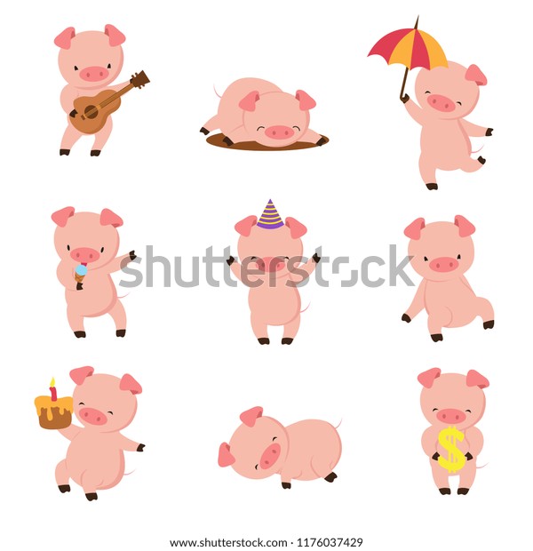Cartoon Pig Cute Smiling Pigs Playing Stock Vector (Royalty Free ...